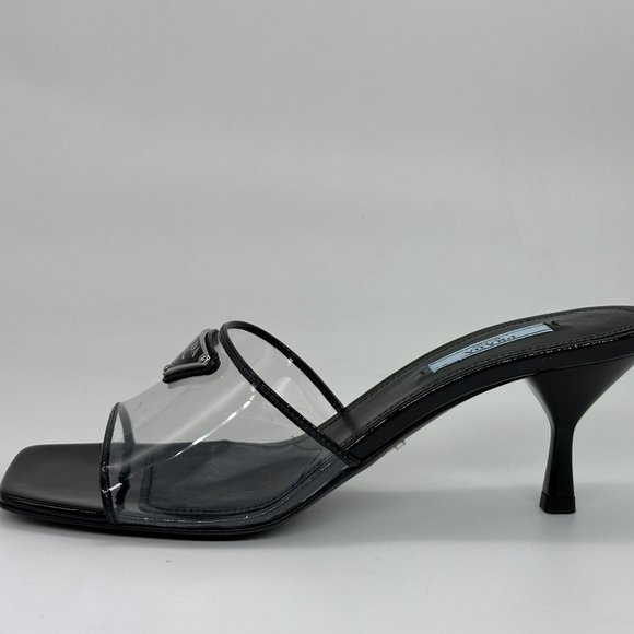 Prada | Shoes | Prada Signature Triangle Logo Pvc Patent Mule Sandals ...